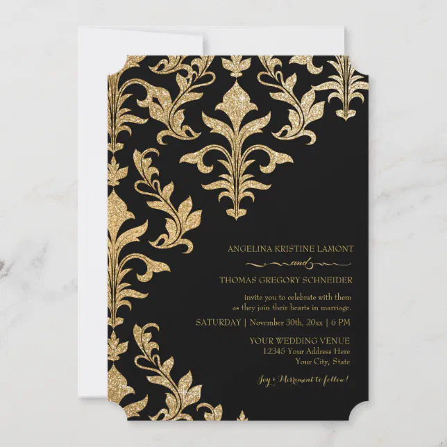 Modern Offset Damask Wedding Invitations Faux Gold | Zazzle
