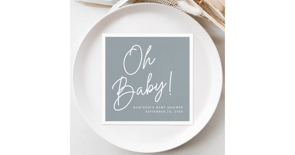 Modern Oh Baby Script Dusty Blue Baby Shower Napkins | Zazzle