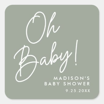 Modern Oh Baby Script Sage Green Baby Shower Square Sticker | Zazzle