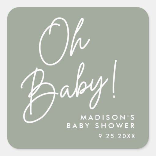 Modern Oh Baby Script Sage Green Baby Shower Square Sticker | Zazzle