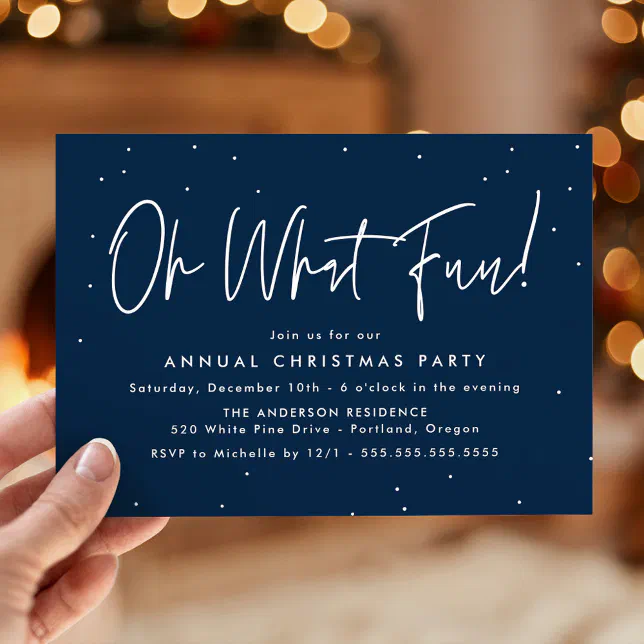 Modern Oh What Fun Script Navy Holiday Party Invitation | Zazzle
