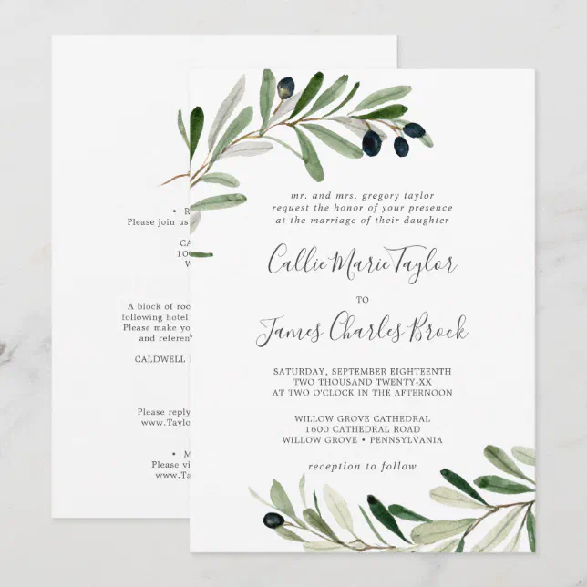 Modern Olive Branch All In One Wedding Invitation | Zazzle