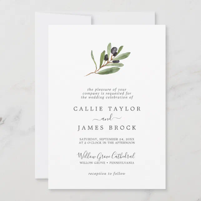 Modern Olive Branch Formal Wedding Invitation | Zazzle