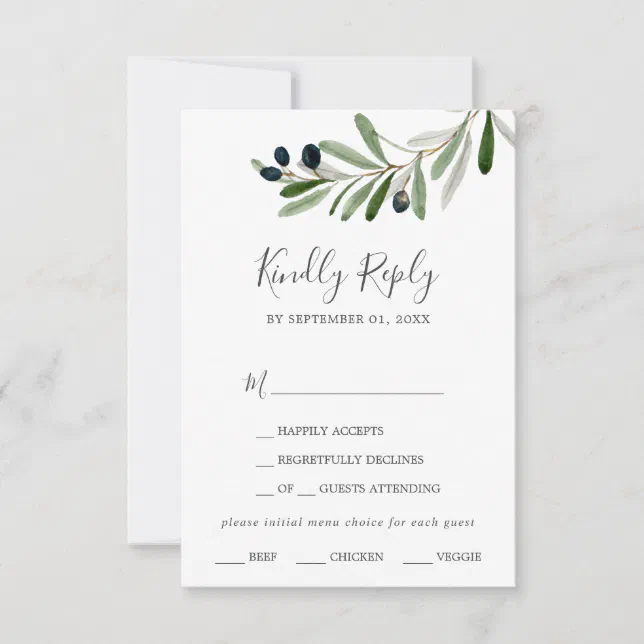 Modern Olive Branch Menu Choice RSVP Card | Zazzle
