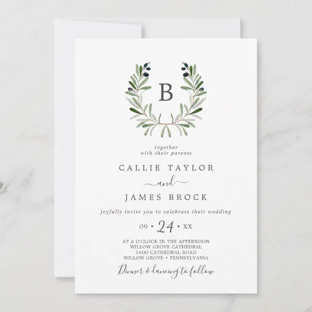 Modern Olive Branch Monogram Wedding Invitation | Zazzle