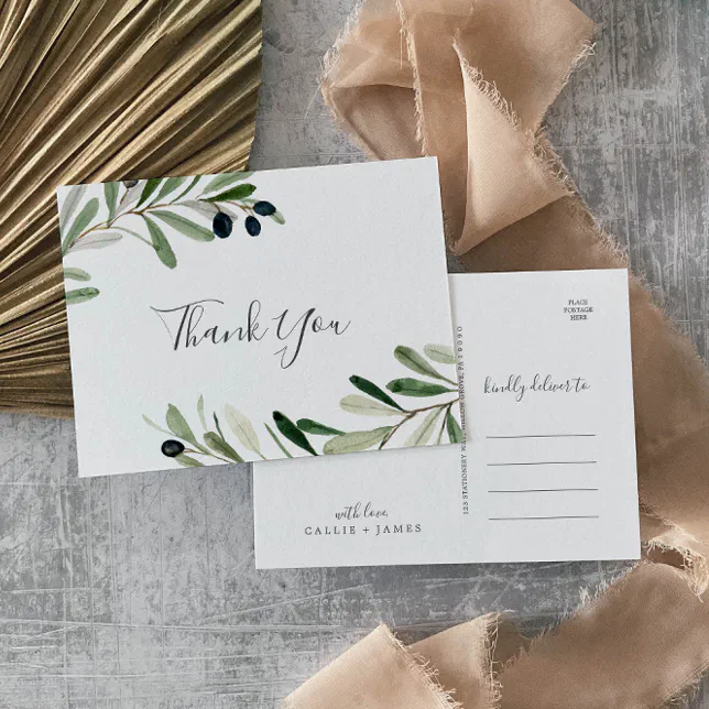 Modern Olive Branch Thank You Postcard | Zazzle