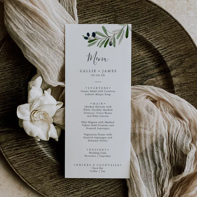Modern Olive Branch Wedding Dinner Menu | Zazzle