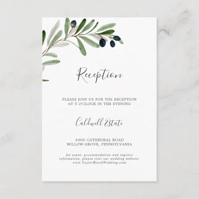 Modern Olive Branch Wedding Reception Insert Card | Zazzle