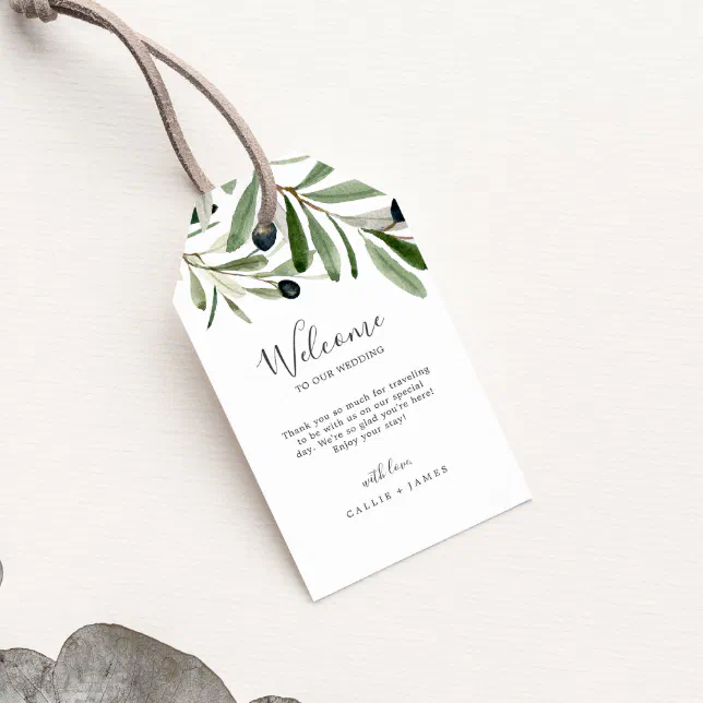Modern Olive Branch Wedding Welcome Gift Tags | Zazzle