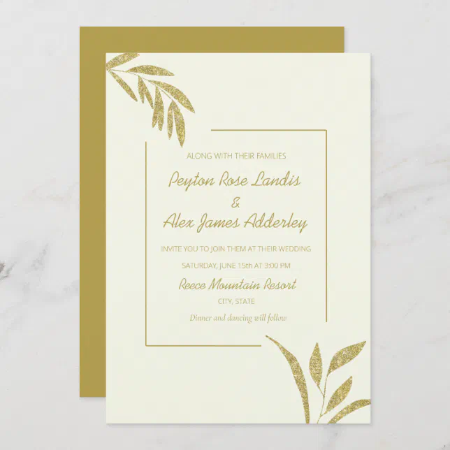 Modern Olive Green Cream Gold Leaves Wedding Invitation | Zazzle