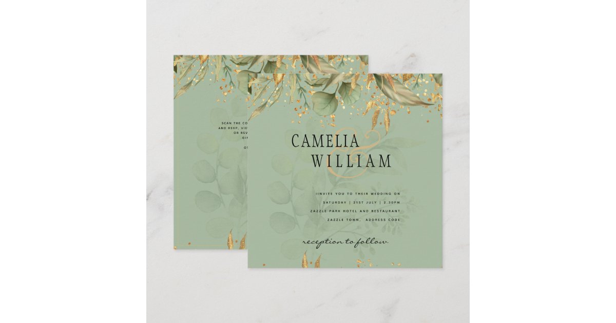 Modern Olive Green Leaves Gold Wedding Invite | Zazzle