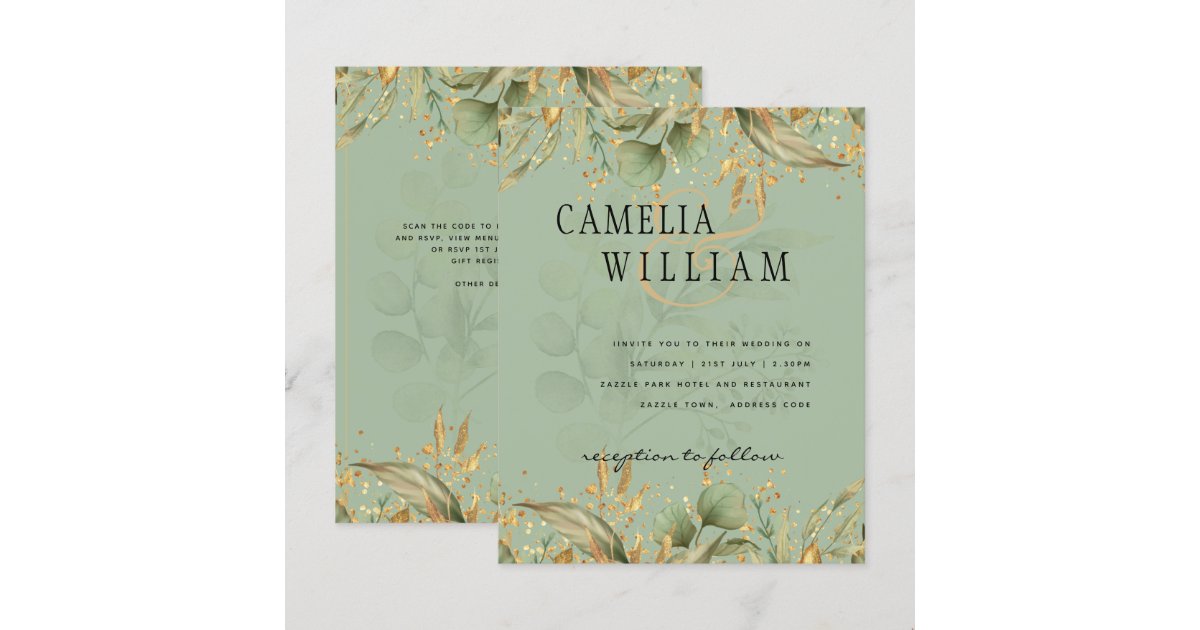 Modern Olive Green Leaves Gold Wedding Invite | Zazzle