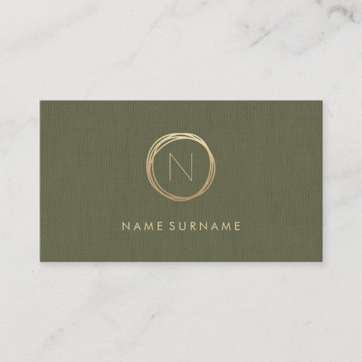 Modern Olive Green Linen Elegant Gold Monogram Business Card | Zazzle