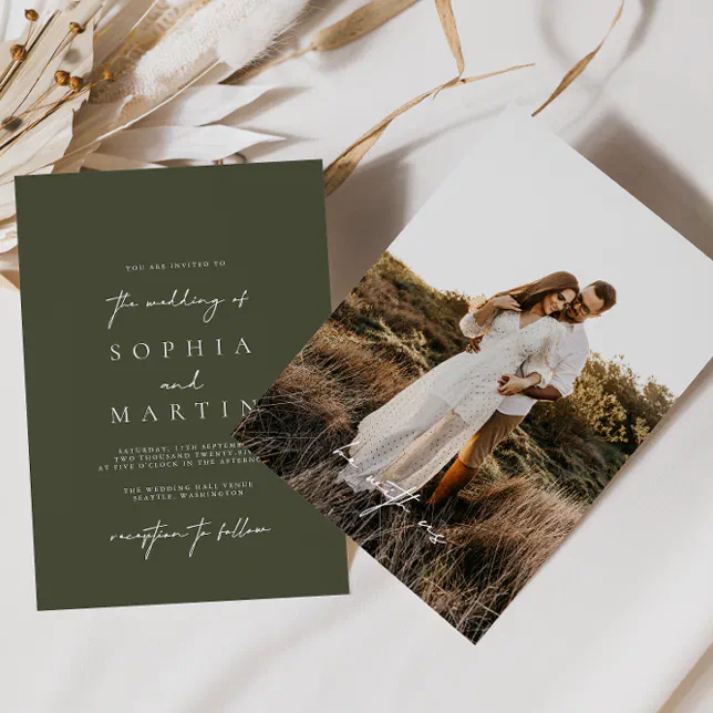 Modern Olive Green Photo Wedding Invitation | Zazzle