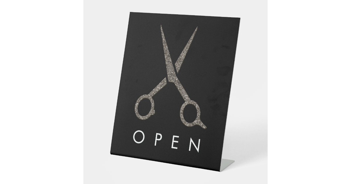 modern OPEN flag scissors - Hairdresser Pedestal Sign | Zazzle