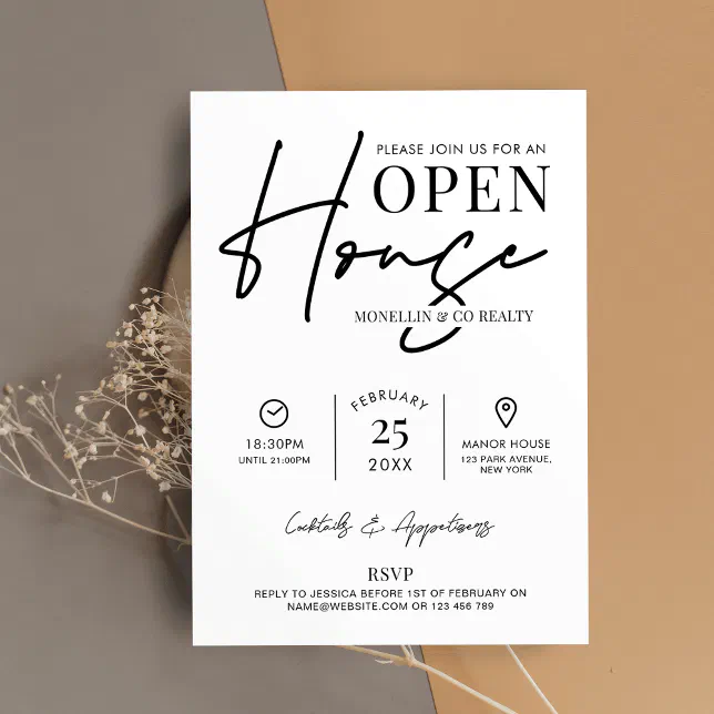 Modern Open House Black White Real Estate Business Invitation | Zazzle