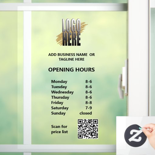 Modern Opening Hours with QR Code Business Logo Window Cling | Zazzle