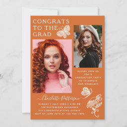 Modern Orange Butterfly Photo Graduation Party Invitation | Zazzle