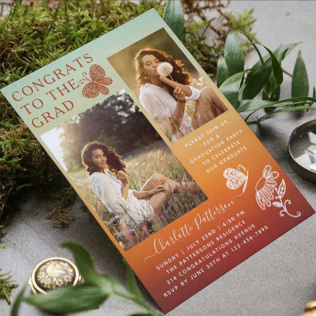 Modern Orange Butterfly Photo Graduation Party Invitation | Zazzle