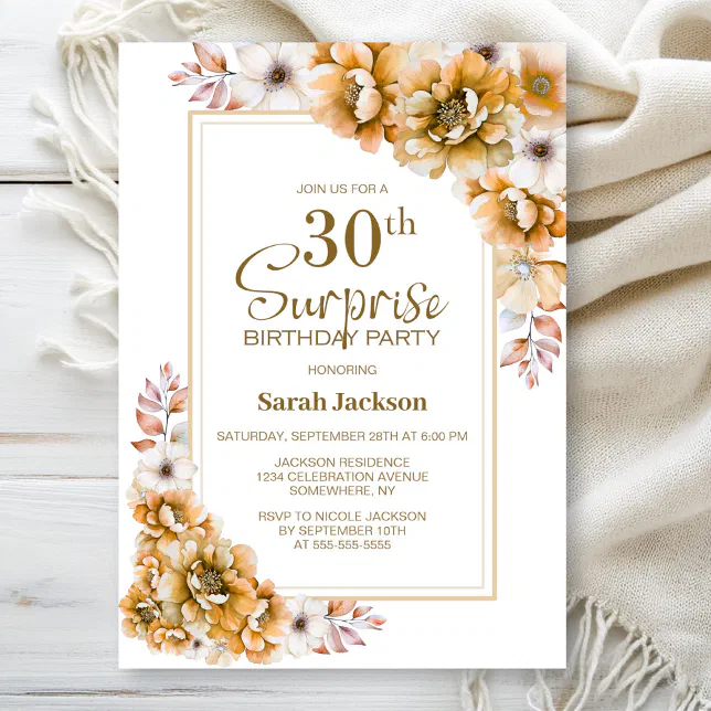 Modern Orange Floral Surprise 30th Birthday Party Invitation | Zazzle