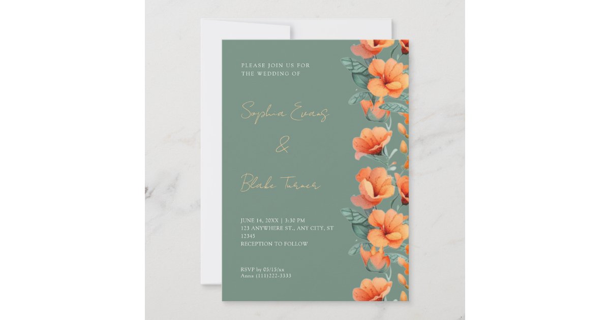 Modern Orange Flowers Fall Green Wedding Invitation | Zazzle