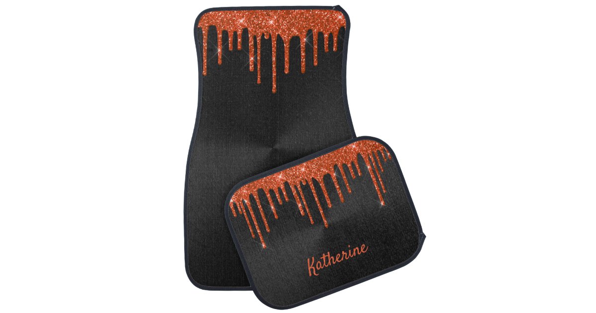 Modern Orange Glitter Drips Monogram Car Floor Mat | Zazzle