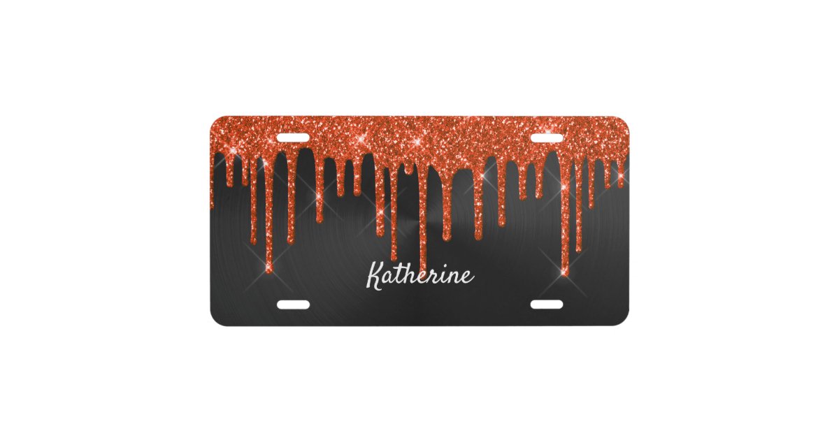 Modern Orange Glitter Drips Name License Plate | Zazzle