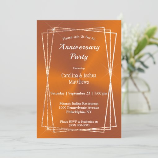 Modern Orange Glitter Frame Anniversary Party Invitation | Zazzle