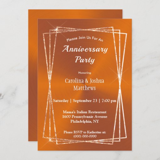Modern Orange Glitter Frame Anniversary Party Invitation | Zazzle