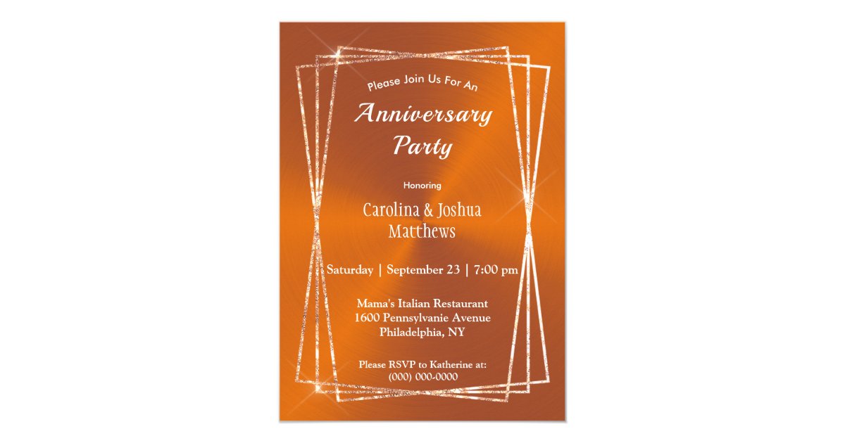 Modern Orange Glitter Frame Anniversary Party Invitation | Zazzle.com