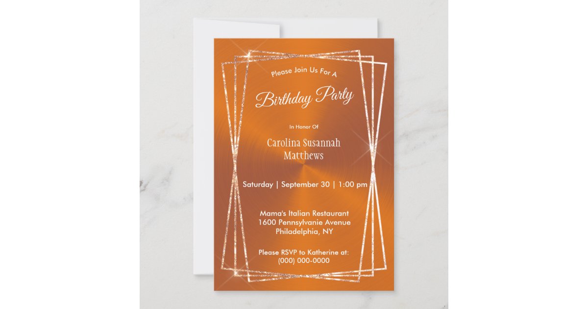 Modern Orange Glitter Frame Birthday Invitation | Zazzle