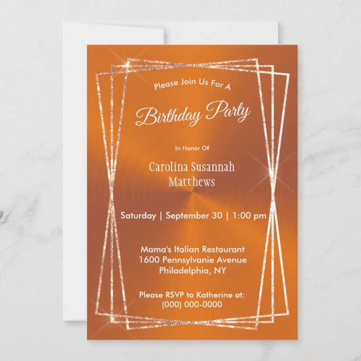 Modern Orange Glitter Frame Birthday Invitation | Zazzle