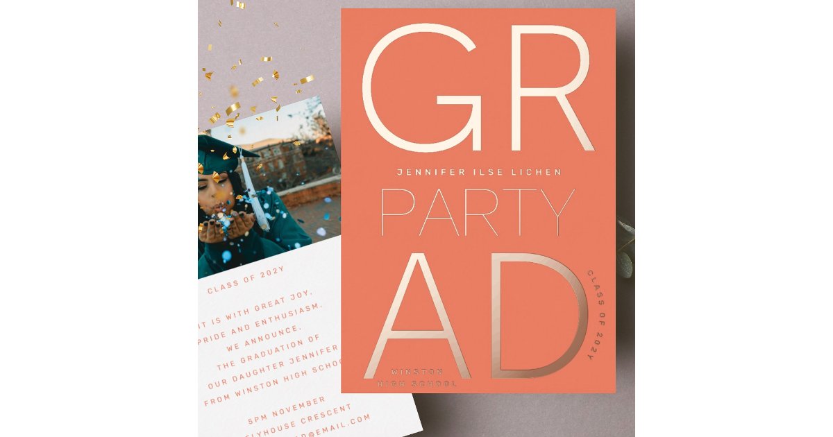 MODERN ORANGE GRAD PARTY Class of 2024 ROSE Foil Invitation | Zazzle