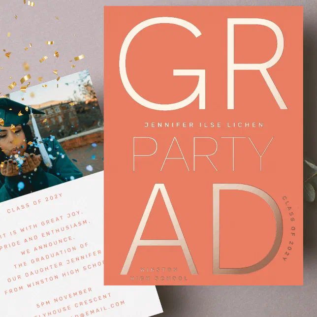 MODERN ORANGE GRAD PARTY Class of 2024 ROSE Foil Invitation | Zazzle