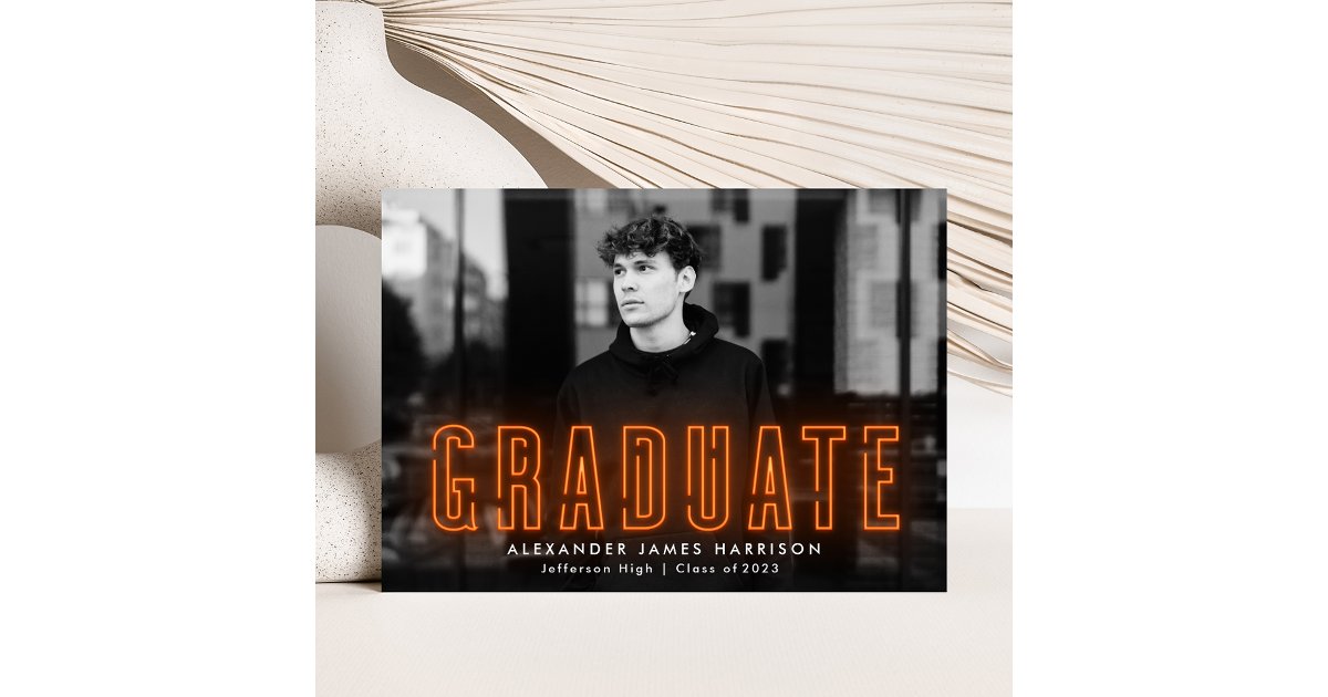 Modern Orange Neon Photo Graduation Announcement | Zazzle