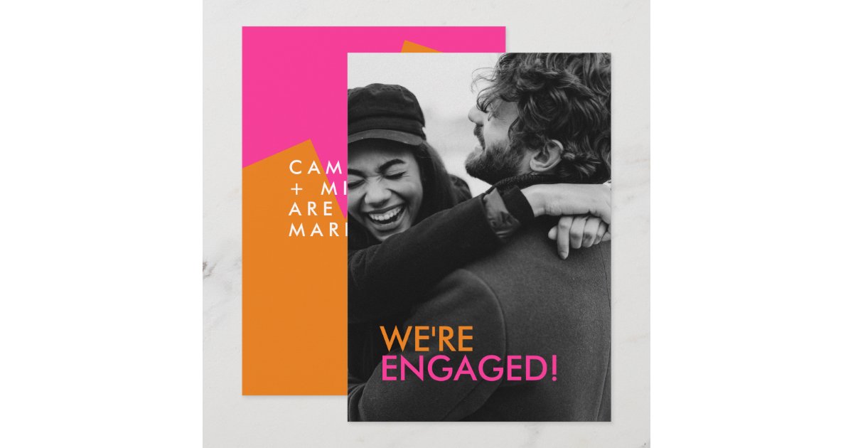 Modern Orange Pink Engagement Announcement Card | Zazzle