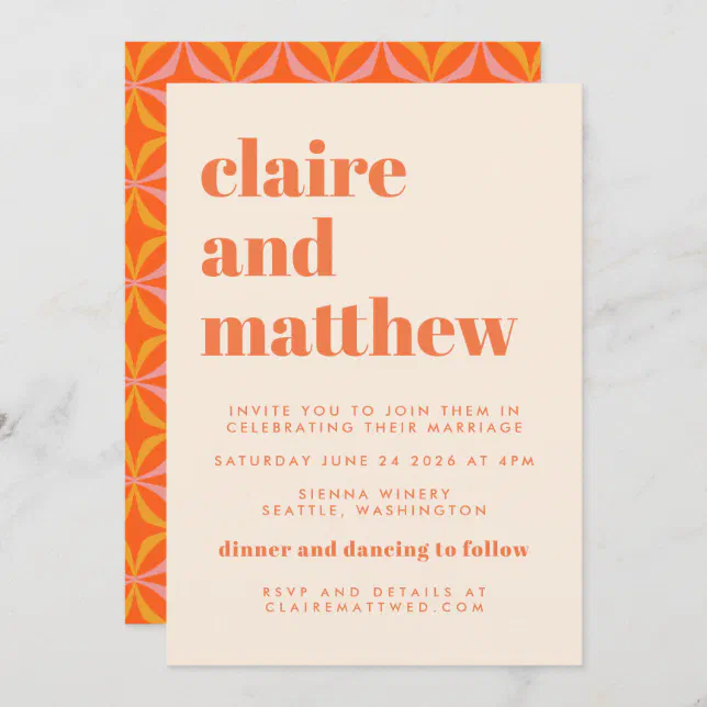 Modern Orange Retro Geometric Wedding All In One Invitation | Zazzle
