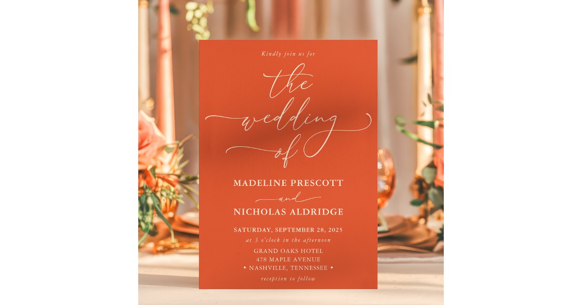 Modern Orange Verona Sunset Calligraphy Wedding Invitation | Zazzle