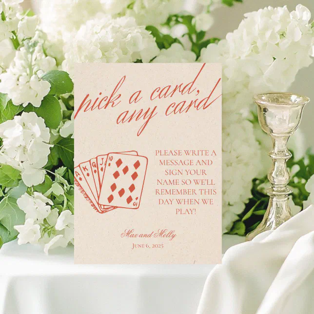 Modern Orange Wedding Playing Cards Pedestal Sign | Zazzle