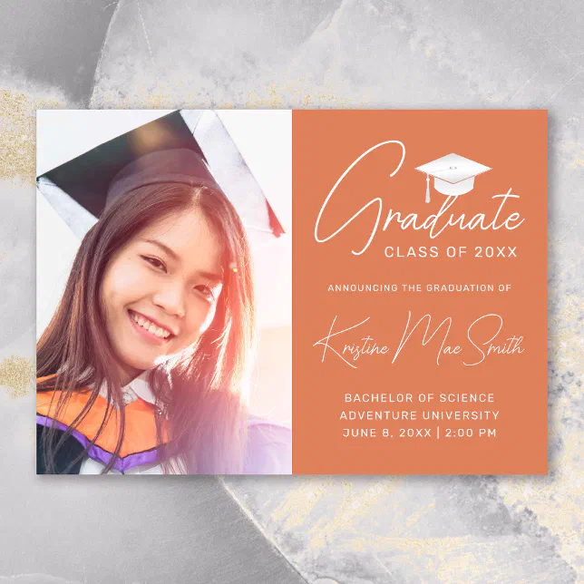 Modern Orange White Cap Photo College Graduation Announcement | Zazzle