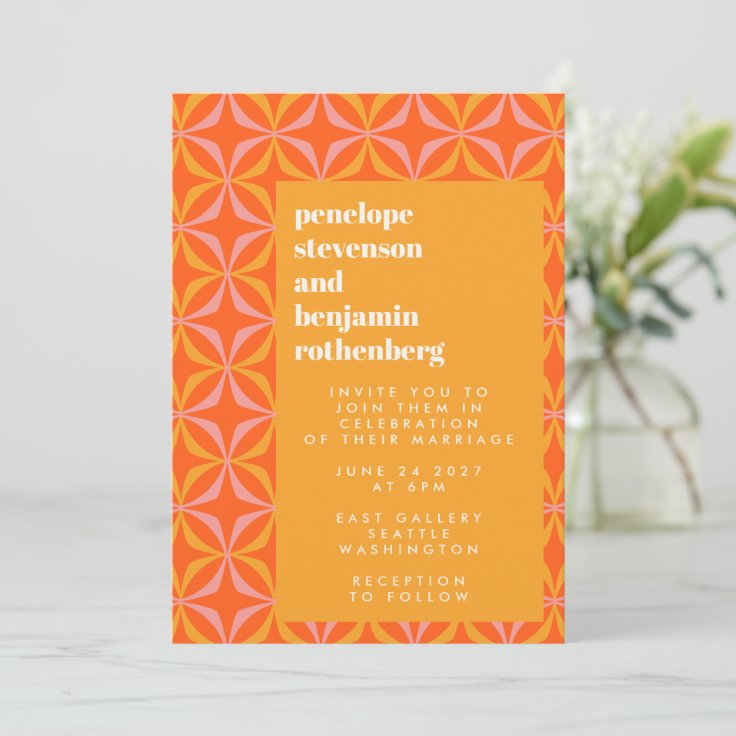 Modern Orange Yellow Retro Typography Wedding Invitation | Zazzle