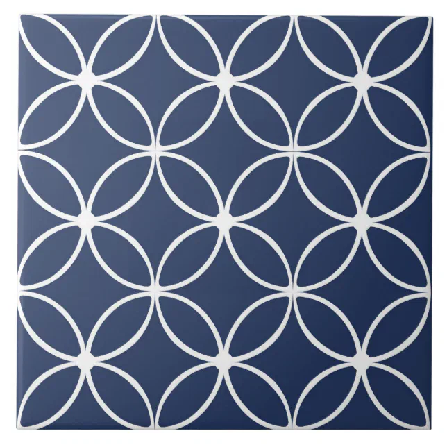 Modern, ornamental petals, navy blue, white ceramic tile | Zazzle