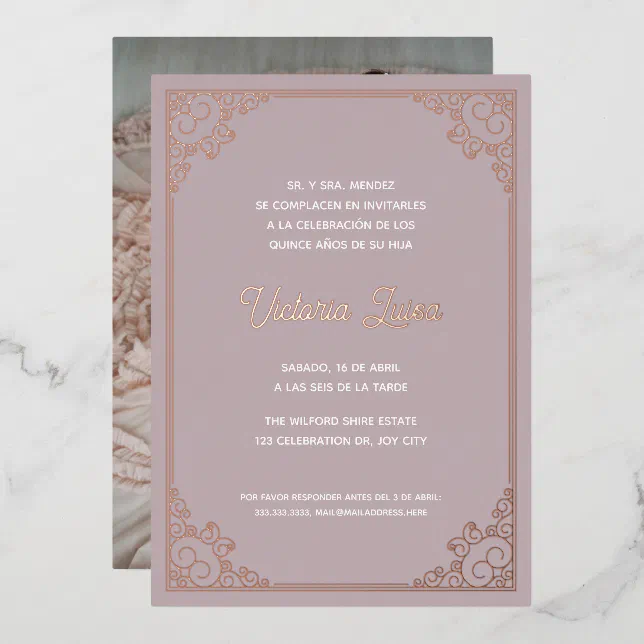 Modern Ornate Frame Blush Pink Quinceañera Photo Foil Invitation | Zazzle