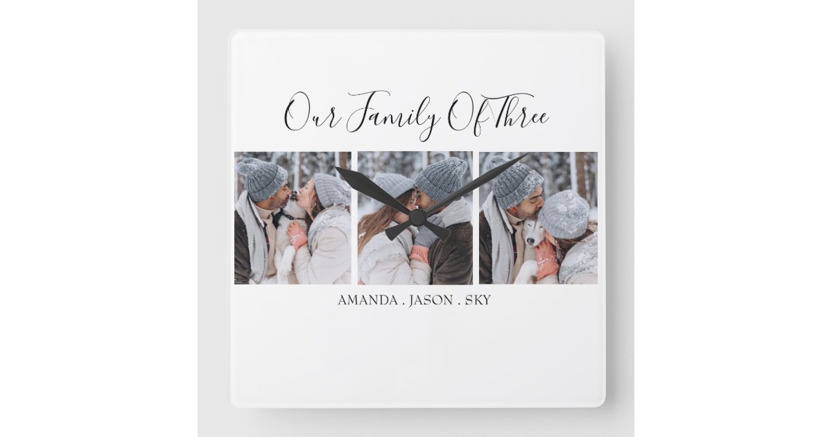 Modern Our Family Of Three | Photo Square Wall Clock | Zazzle