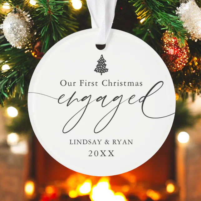Modern Our First Christmas Engaged Photo Ornament | Zazzle