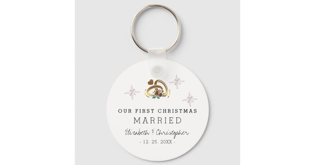 Modern Our First Christmas Married Holiday Keychain | Zazzle