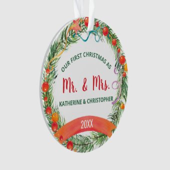 Modern Our First Christmas Mr. & Mrs. Berry Wreath Ornament | Zazzle