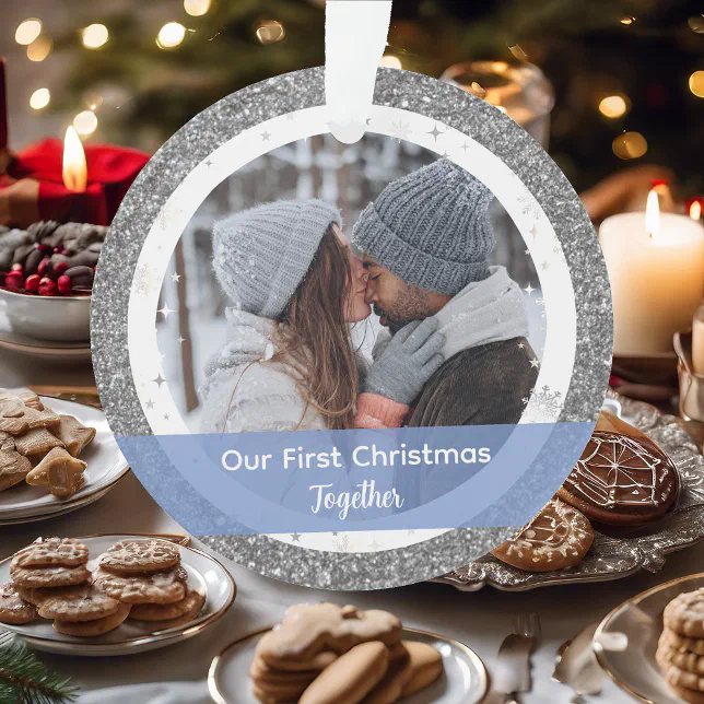 Modern Our First Christmas Together 2 Photos Ornament | Zazzle