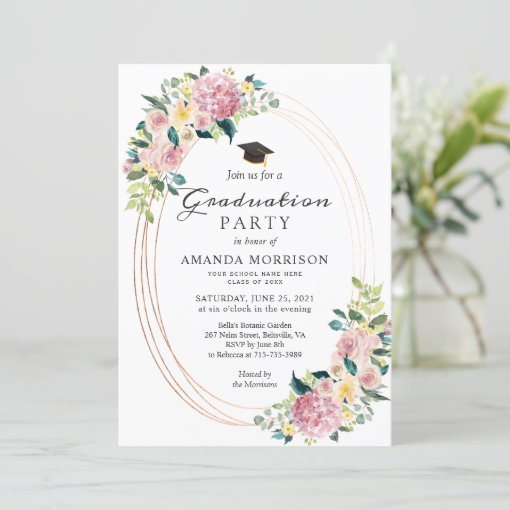 Modern Oval Frame Pastel Floral Graduation Party Invitation | Zazzle