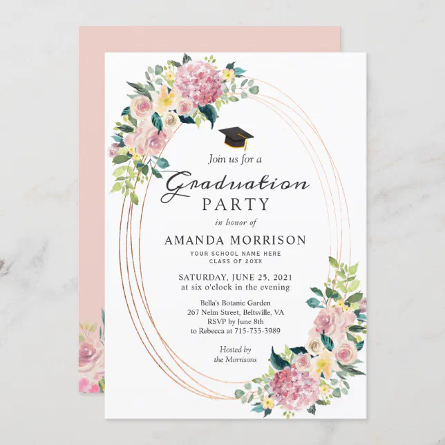Modern Oval Frame Pastel Floral Graduation Party Invitation | Zazzle